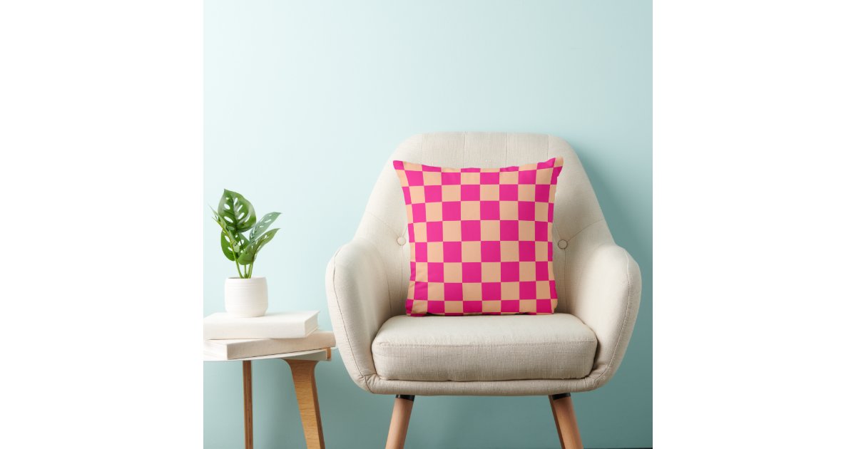 Checkered squares peach hot pink geometric retro throw pillow | Zazzle
