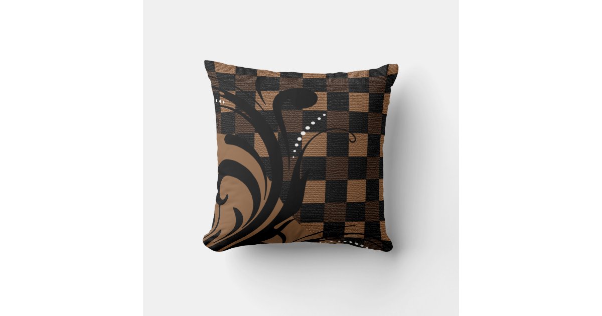Checkered Swirly Pattern | Brown, Tan, Black Throw Pillow | Zazzle