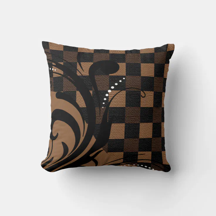 Checkered Swirly Pattern | Brown, Tan, Black Throw Pillow | Zazzle