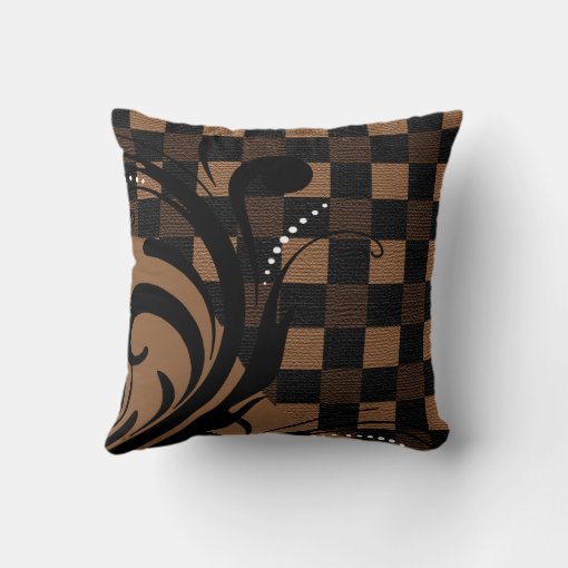 Checkered Swirly Pattern | Brown, Tan, Black Throw Pillow | Zazzle