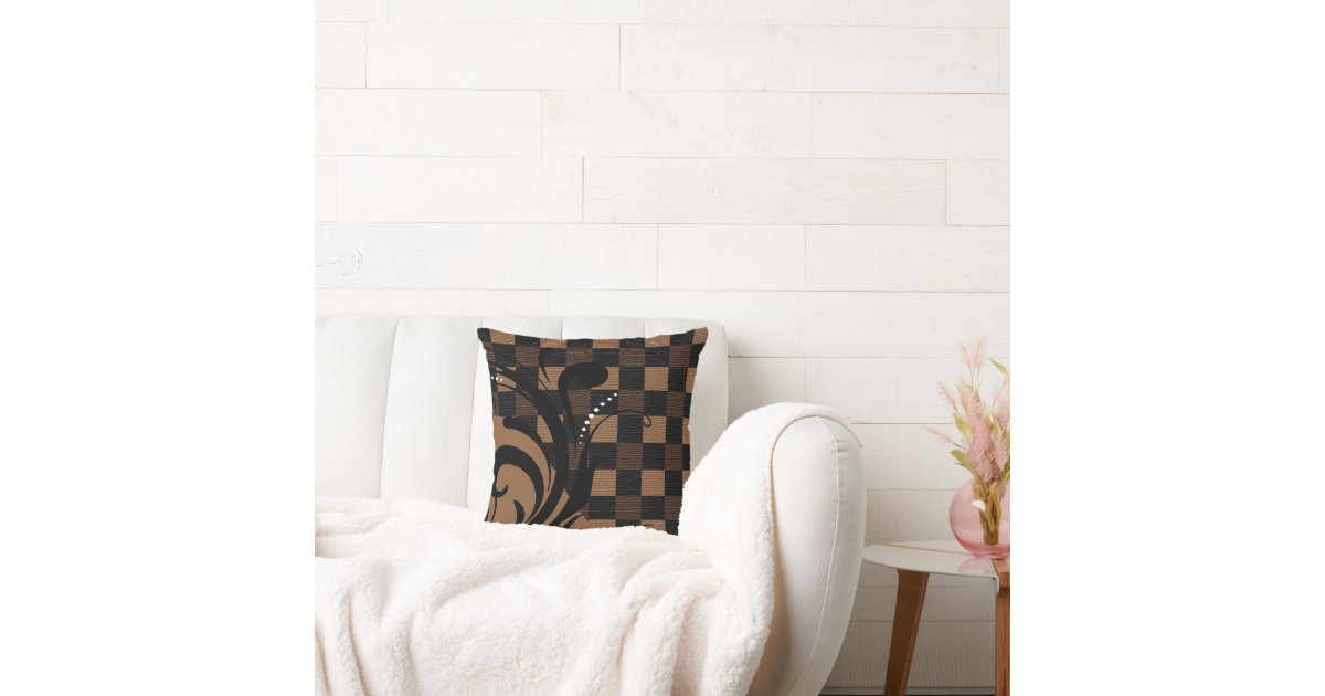 Checkered Swirly Pattern | Brown, Tan, Black Throw Pillow | Zazzle