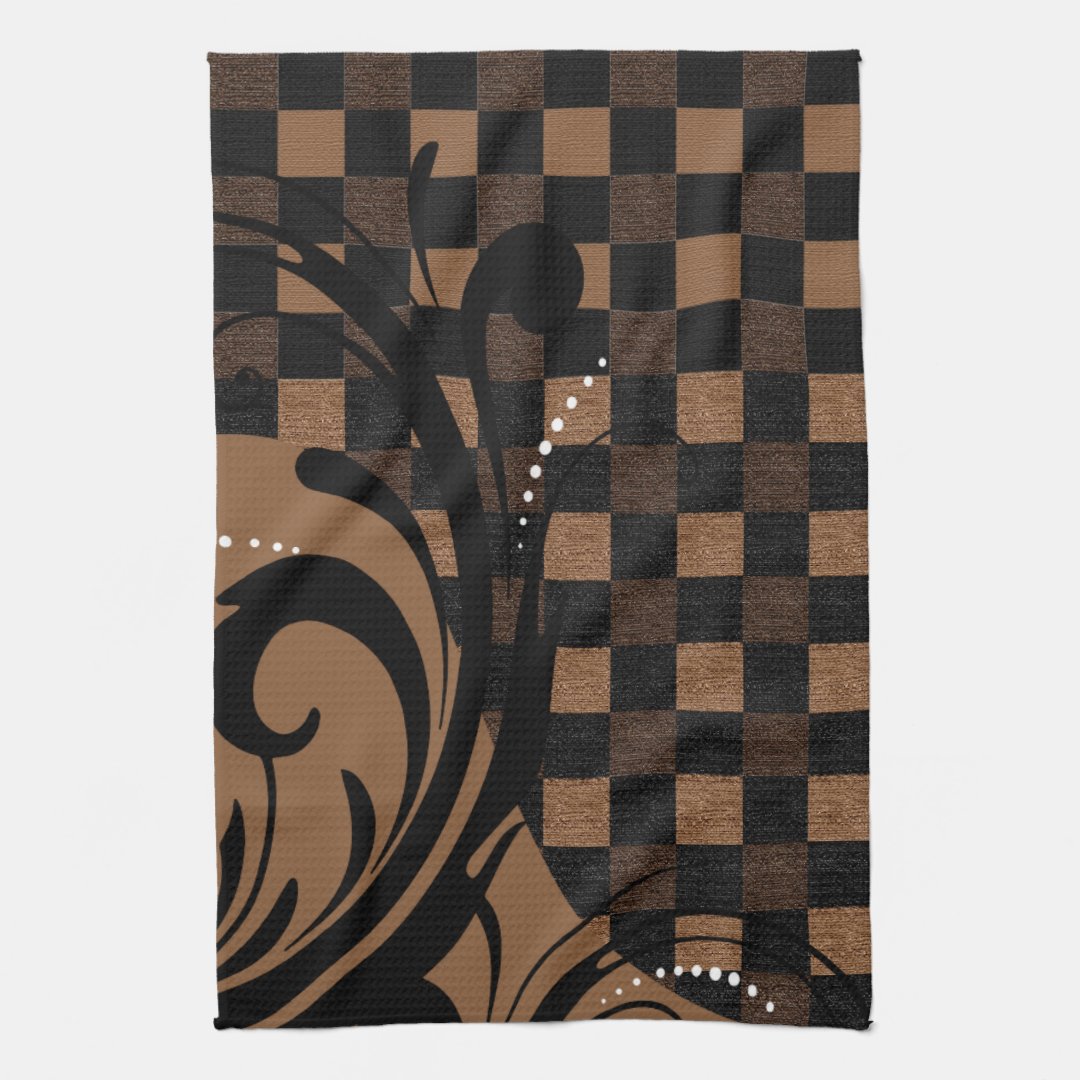 Checkered Swirly Pattern | Brown, Tan, Black Towel | Zazzle