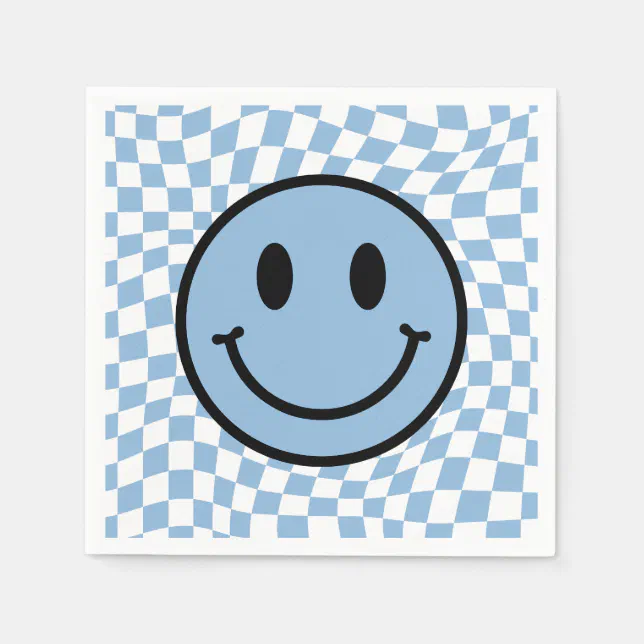 Checkered Wavy Blue Preppy Smile Birthday Napkins | Zazzle