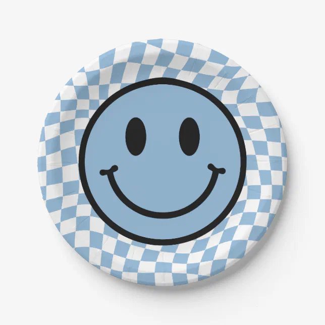 Checkered Wavy Blue Preppy Smile Birthday Paper Plates | Zazzle