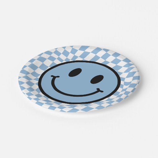 Checkered Wavy Blue Preppy Smile Birthday Paper Plates | Zazzle