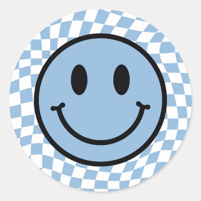 Checkered Wavy Blue Preppy Smile Classic Round Sticker | Zazzle