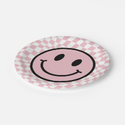 Checkered Wavy Pink Preppy Smile Birthday Paper Plates | Zazzle