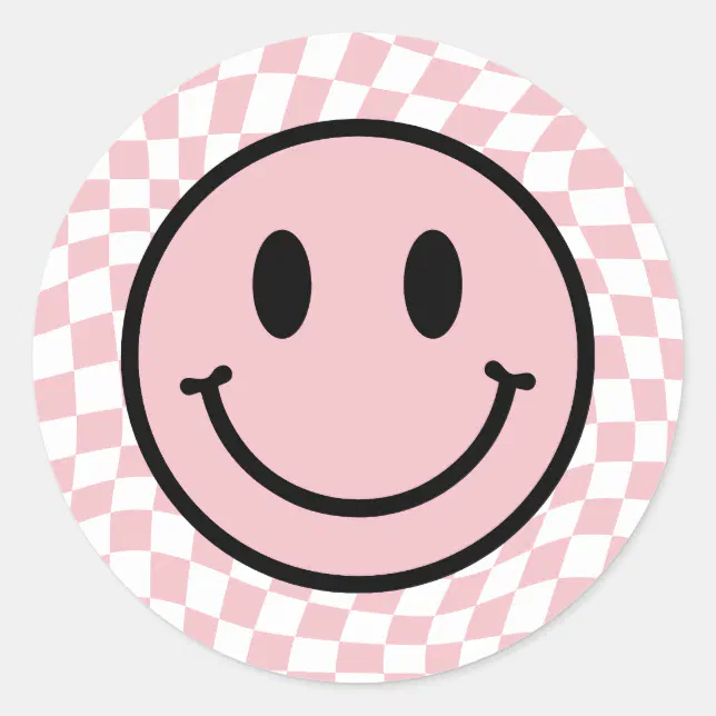 Checkered Wavy Pink Preppy Smile Classic Round Sticker | Zazzle