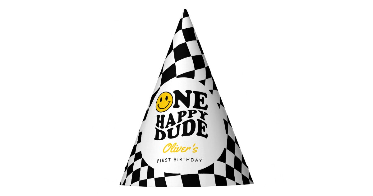 Checkered Yellow Preppy Smile 1st Birthday Custom Party Hat | Zazzle