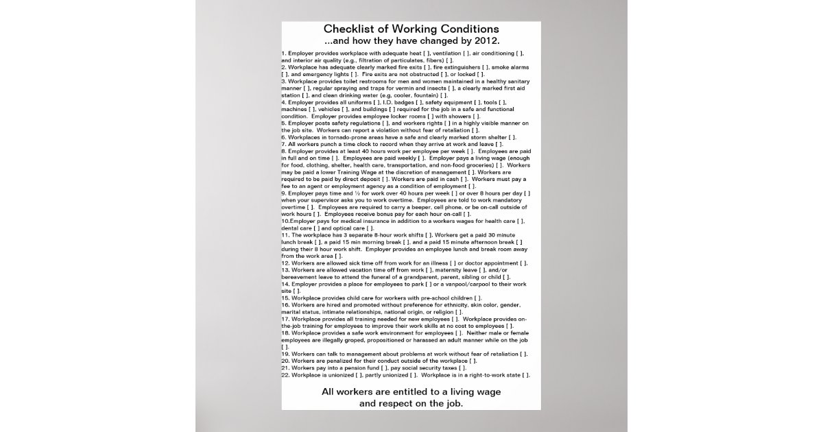 checklist of working conditions poster | Zazzle