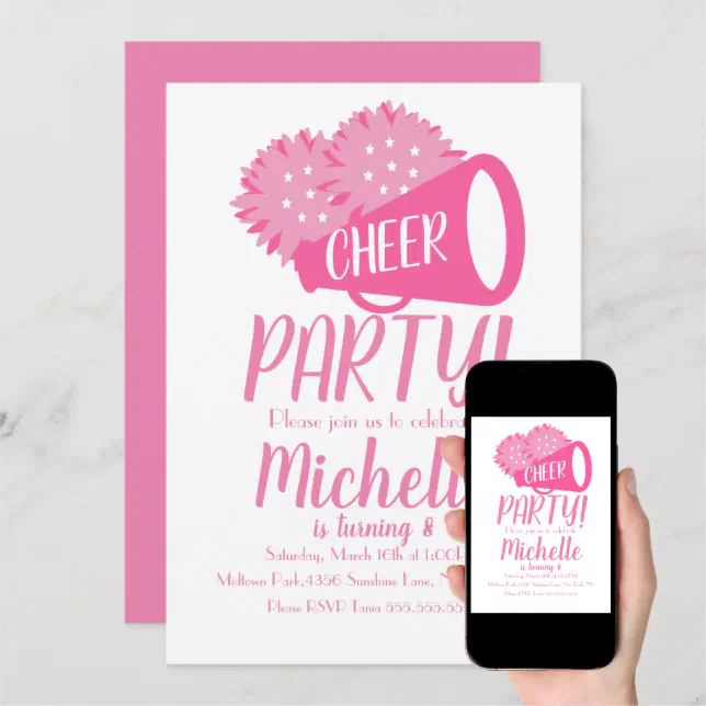 Cheer Party Cheerleading Birthday Pink Invitation | Zazzle