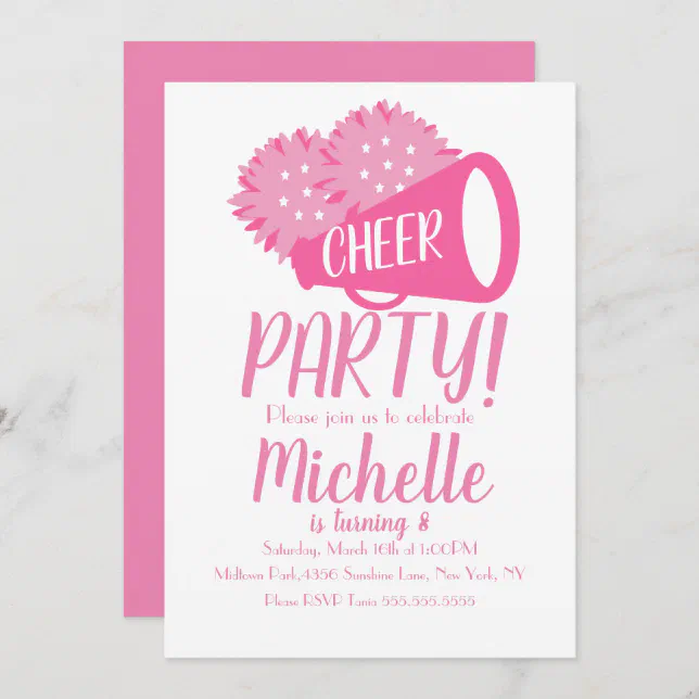Cheer Party Cheerleading Birthday Pink Invitation | Zazzle