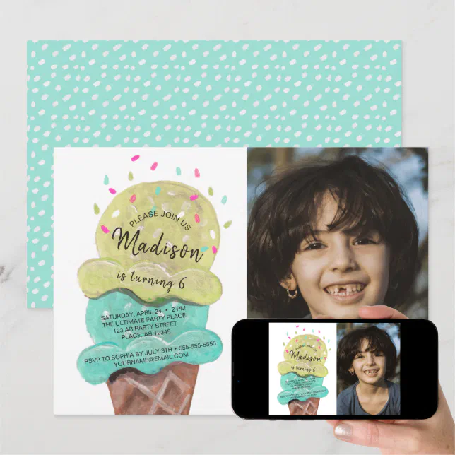 Cheerful blue Ice Cream Birthday Party Photo Invitation | Zazzle