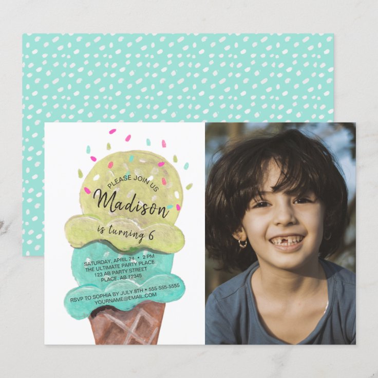 Cheerful blue Ice Cream Birthday Party Photo Invitation | Zazzle