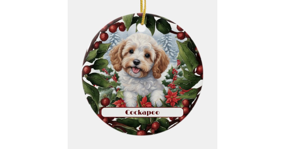 Cheerful Golden Cockapoo Puppy Custom Christmas Ceramic Ornament | Zazzle