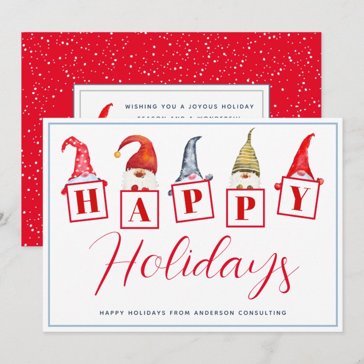 Cheerful Happy Holidays Gnomes Red Business Holiday Card | Zazzle