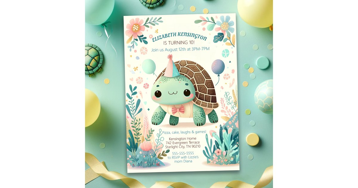 Cheerful Kids Tortoise Birthday Party Invitation | Zazzle