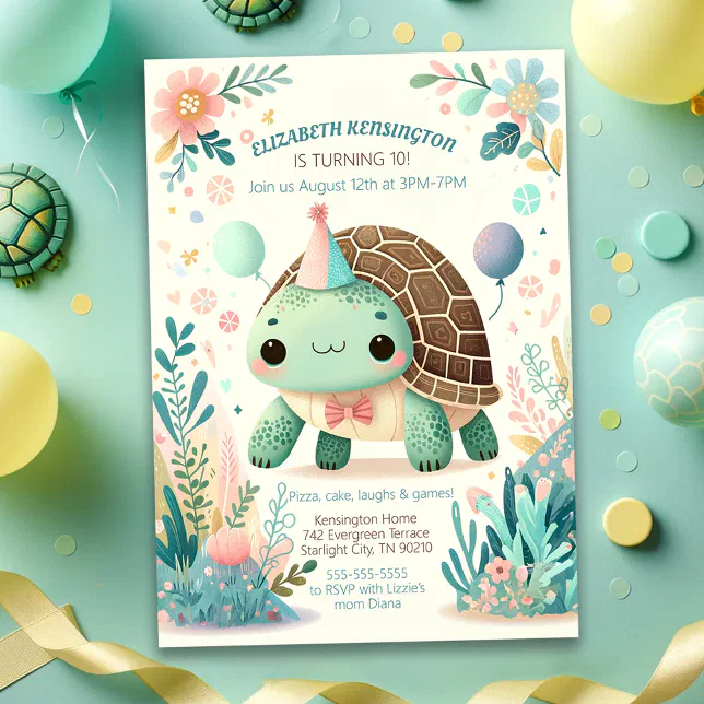 Cheerful Kids Tortoise Birthday Party Invitation | Zazzle