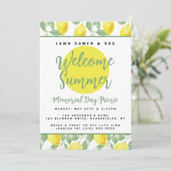 Cheerful Lemon Pattern Yellow Green Lawn Party BBQ Invitation | Zazzle