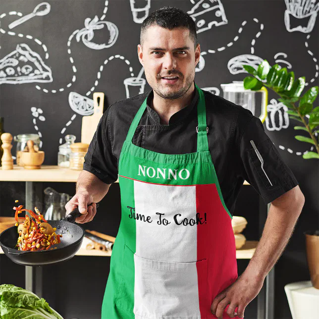 Cheerful Nonno Time To Cook Italian Flag Text Art Apron | Zazzle