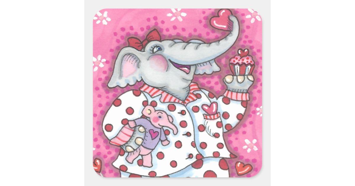 CHEERFUL PACHYDERM IN PINK PAJAMAS, HEART CUPCAKE SQUARE STICKER | Zazzle