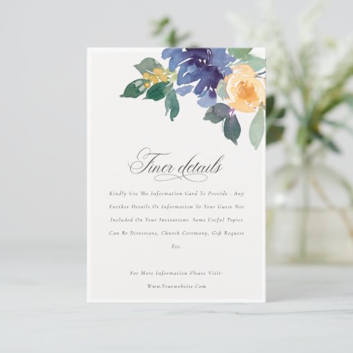 Cheerful Rustic Yellow Blue Floral Wedding Details Enclosure Card | Zazzle