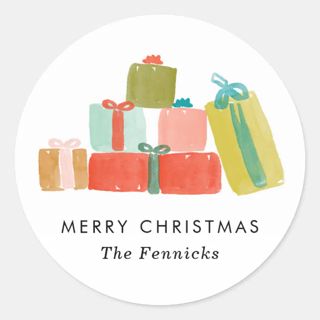 Cheerful Watercolor Christmas Presents Classic Round Sticker | Zazzle