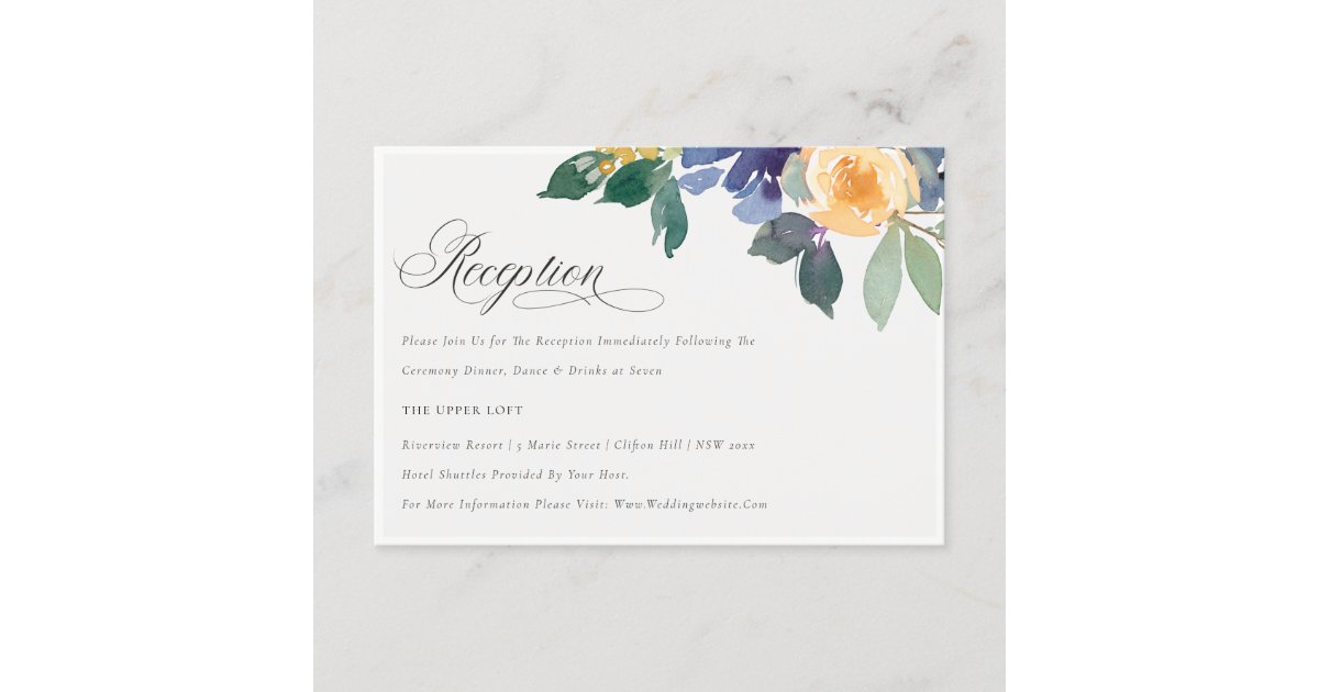 Cheerful Yellow Blue Floral Wedding Reception Enclosure Card | Zazzle