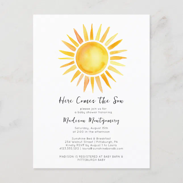 Cheerful Yellow Here Comes the Son Baby Shower Postcard | Zazzle