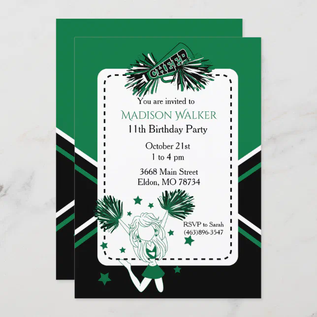Cheerleader Birthday Party in Green Invitation | Zazzle