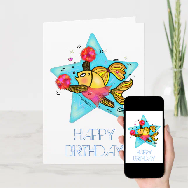 Cheerleader fish cute funny comics birthday card | Zazzle