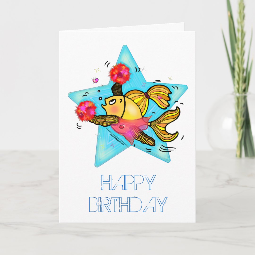 Cheerleader fish cute funny comics birthday card | Zazzle