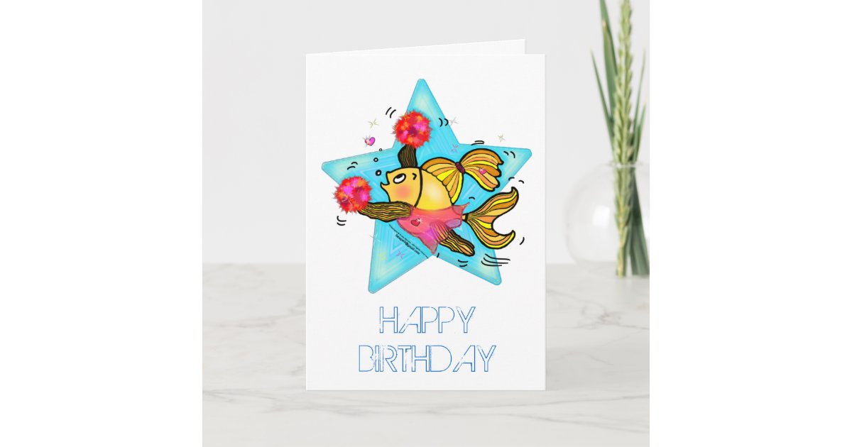 Cheerleader fish cute funny comics birthday card | Zazzle