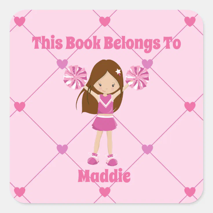Cheerleader Girl Cute Custom This Book Belongs To Square Sticker | Zazzle