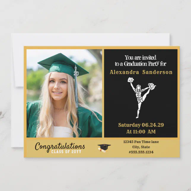 Cheerleader graduation Black and Gold Invitation | Zazzle