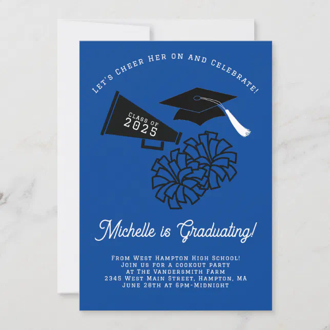 Cheerleader Graduation Party Blue and Black Invitation | Zazzle