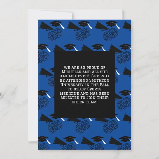 Cheerleader Graduation Party Blue and Black Invitation | Zazzle
