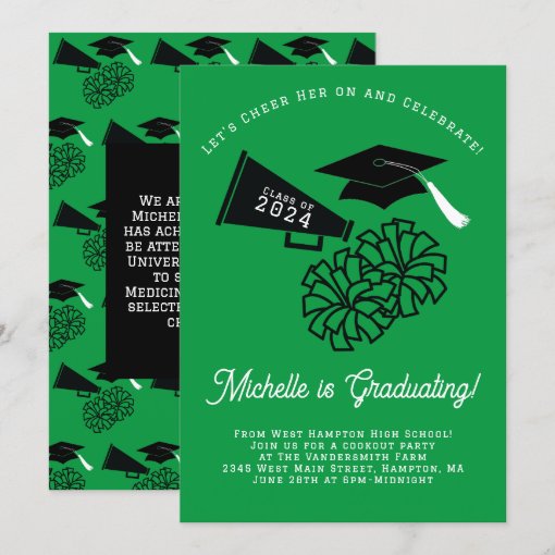 Cheerleader Graduation Party Green and Black Invitation | Zazzle