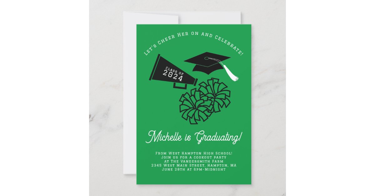 Cheerleader Graduation Party Green and Black Invitation | Zazzle