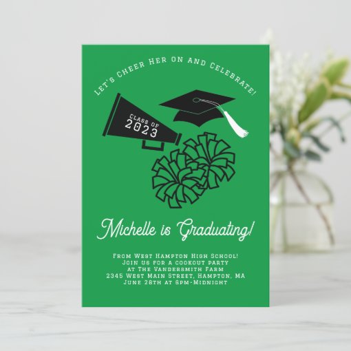 Cheerleader Graduation Party Green and Black Invitation | Zazzle
