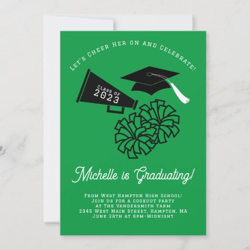 Cheerleader Graduation Party Green and Black Invitation | Zazzle