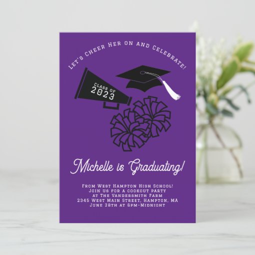 Cheerleader Graduation Party Purple and Black Invitation | Zazzle