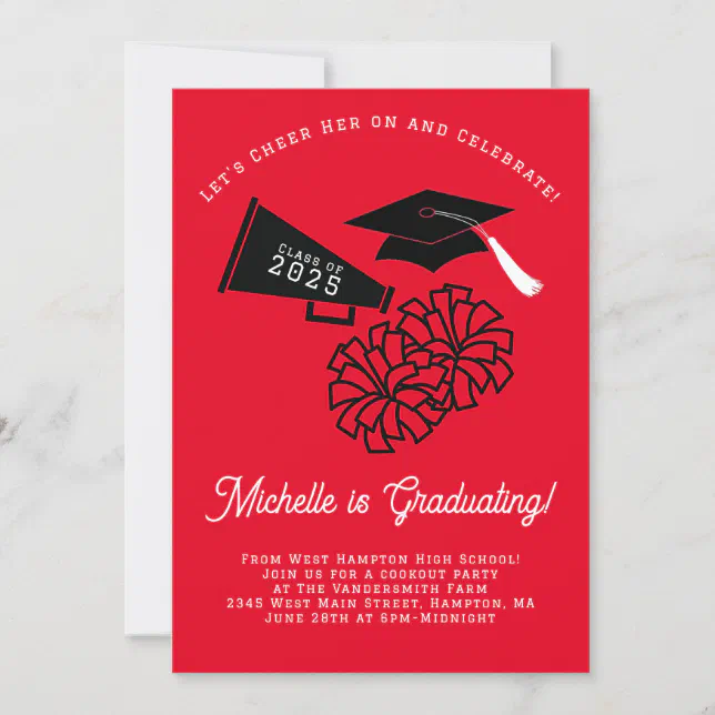 Cheerleader Graduation Party Red and Black Invitation | Zazzle