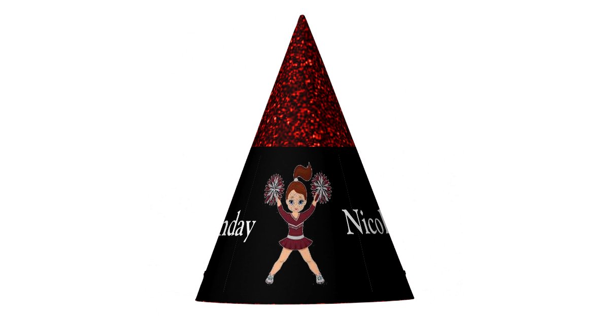 Cheerleader "Happy Birthday" Black / Red Sparkle Party Hat | Zazzle