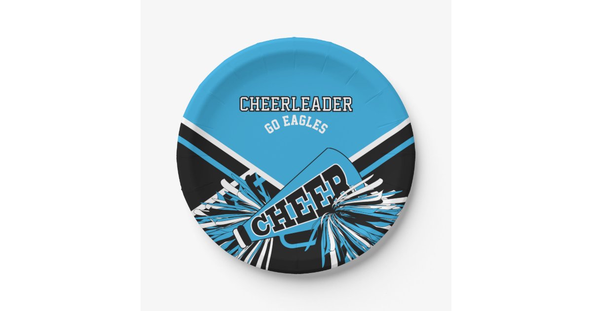 Cheerleader in Baby Blue, White and Black Paper Plates | Zazzle