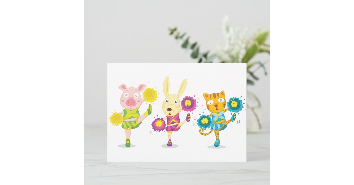 Cheerleading Animal Trio Pig Bunny and Cat Invitation | Zazzle