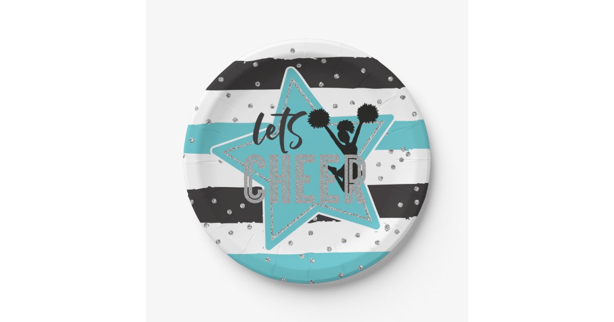 Cheerleading blue Silver Black Cheer Birthday Paper Plates | Zazzle