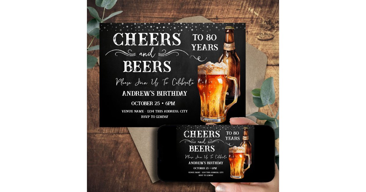 Cheers and Beers 80th Birthday Rustic Invitation | Zazzle