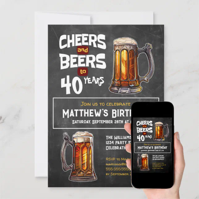 Cheers And Beers To 40 Years Rustic Birthday Party Invitation | Zazzle