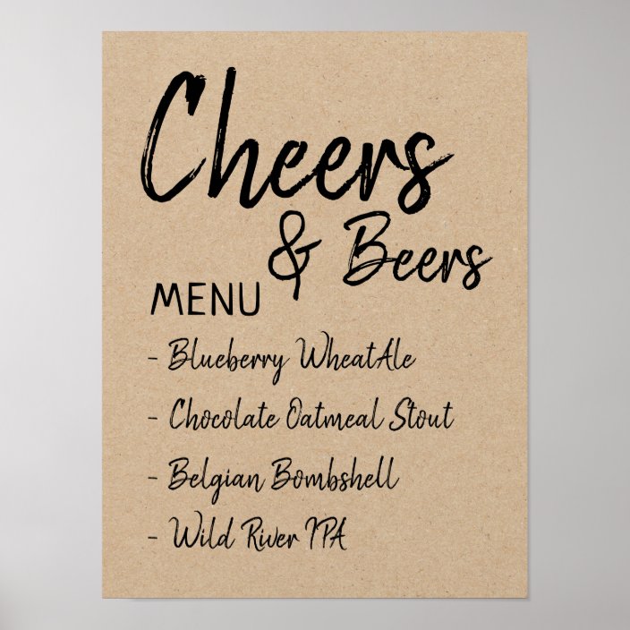 Cheers and Beers Wedding Bridal Shower Beer Menu Poster | Zazzle.com